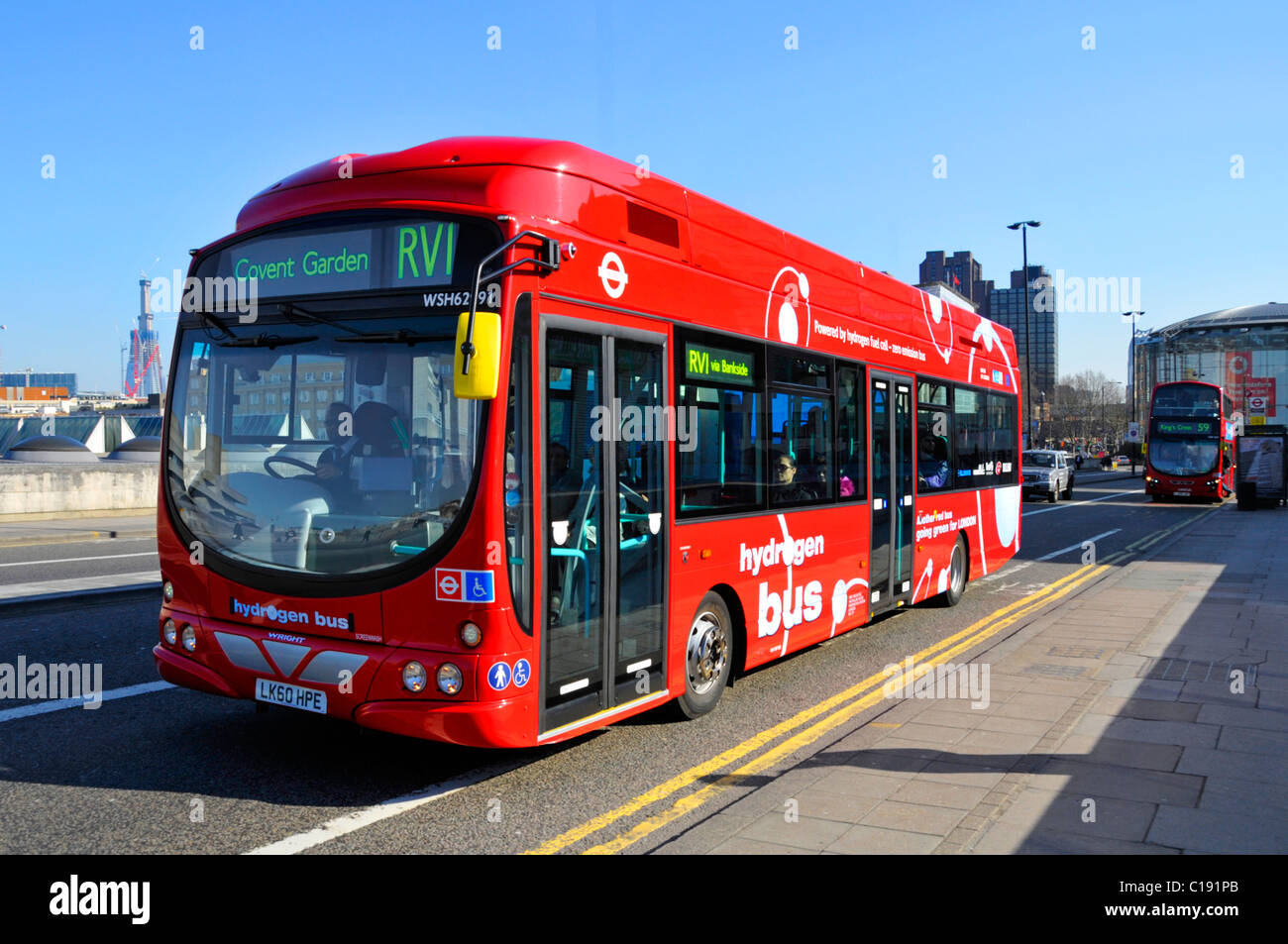 London Hydrogen bus on route RV1 crossing Waterloo Bridge Stock Photo ...
