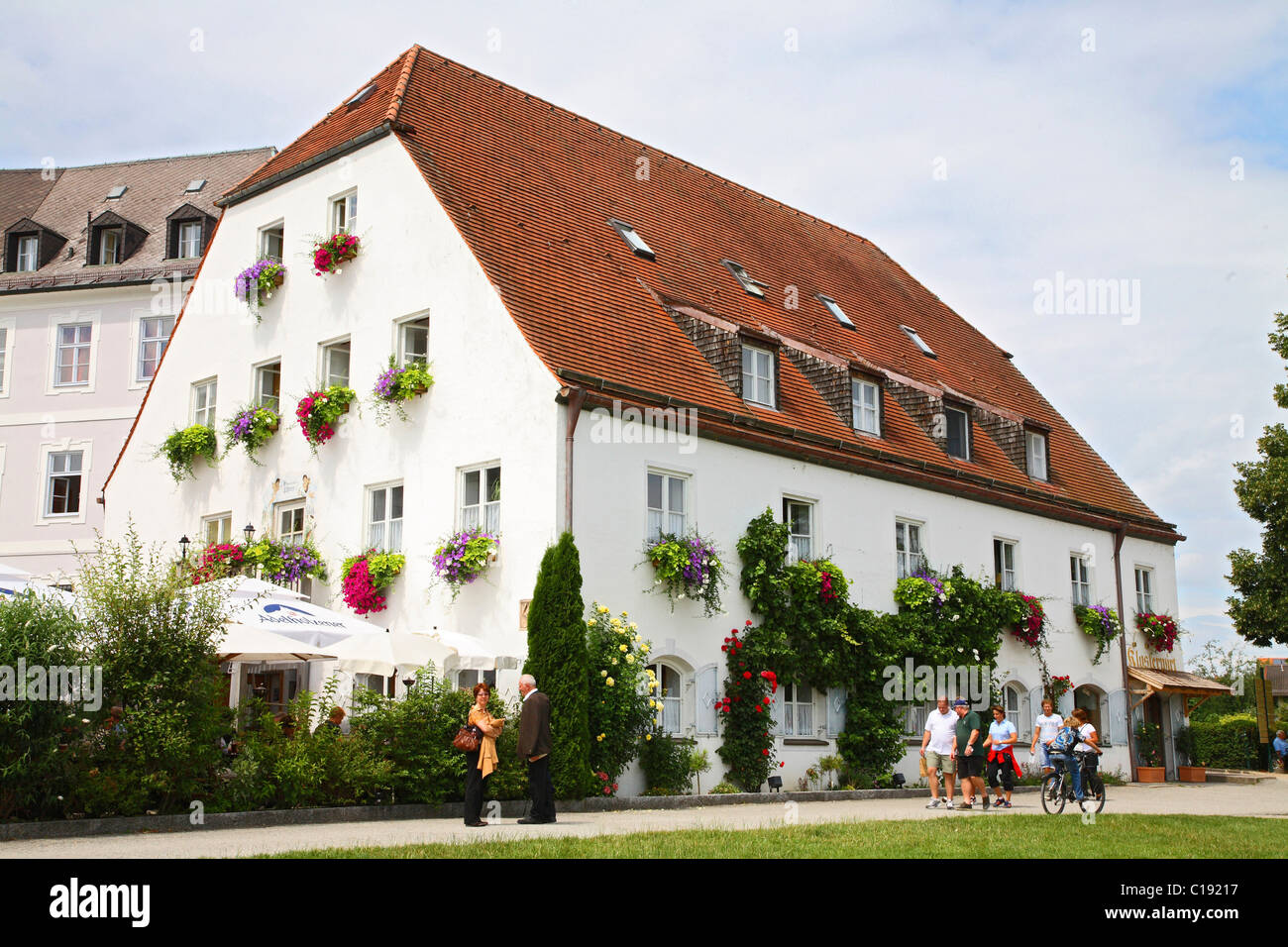 Abbey pub, Fraueninsel or Frauenchiemsee Island, Chiemsee lake, Germany ...