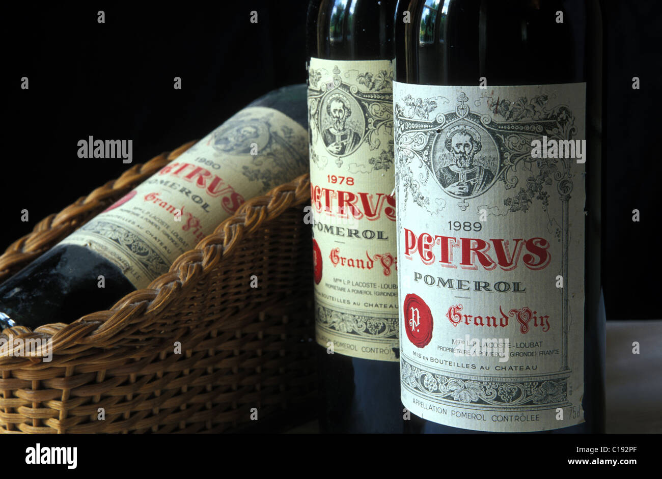 France, bottles of Pomerol, Chateau Petrus, years 1978, 1980 and 1989 ...