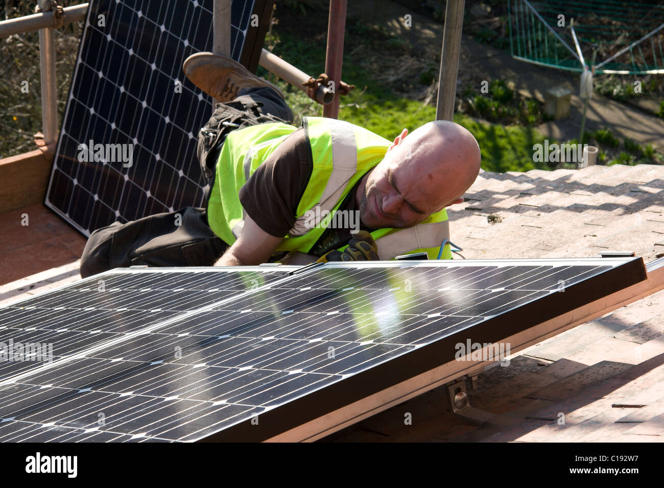Installation of pv photovoltaic solar panels on a pitched roof Stock ...