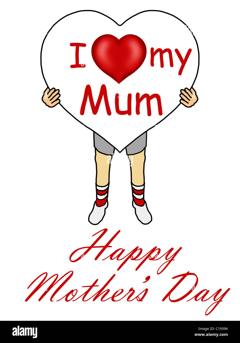 Mother's Day heart shaped card with "I love Mum" held by a boy Stock ...