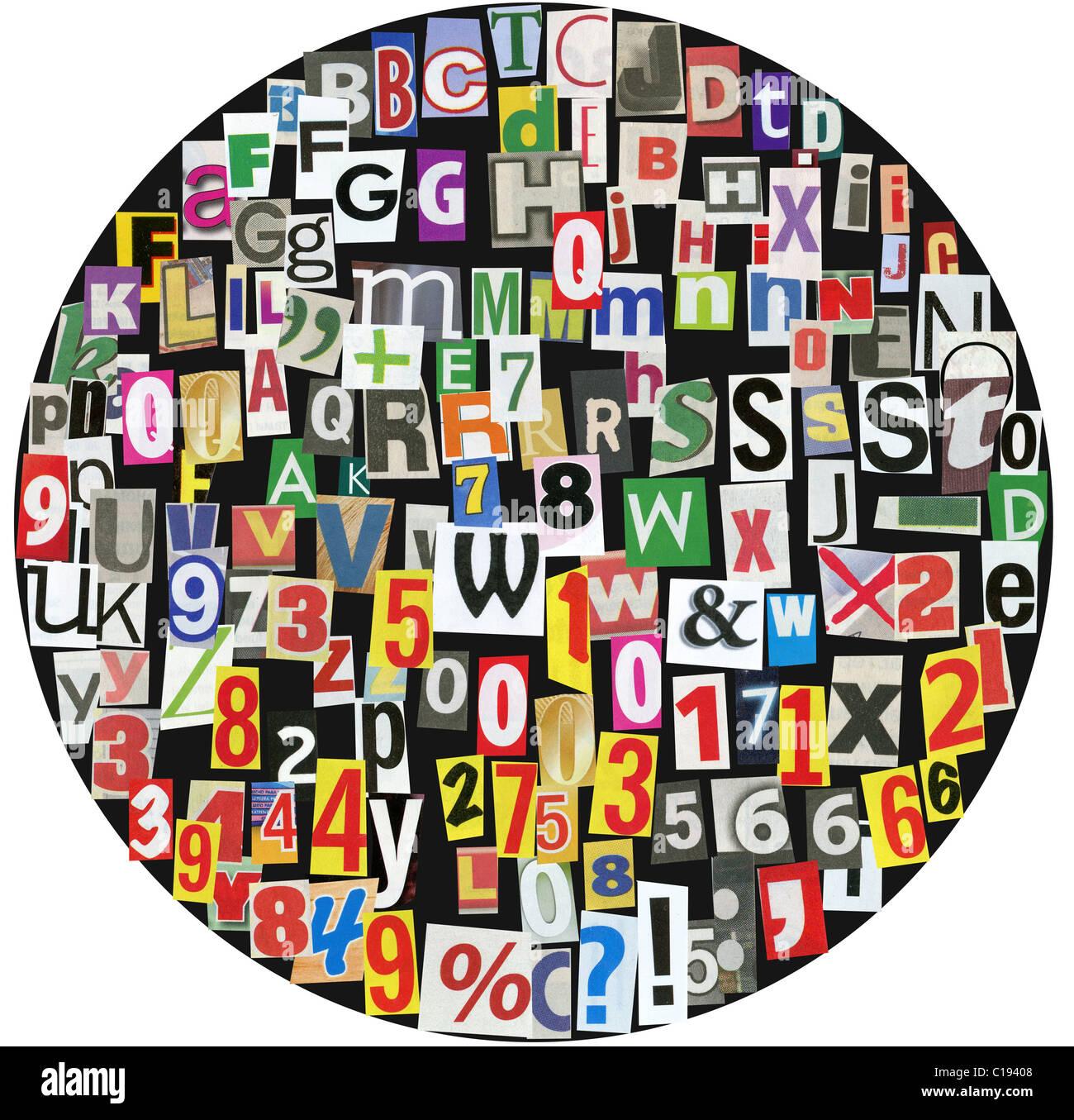 black circle, full of newspaper letters, numbers and punctuation marks ...
