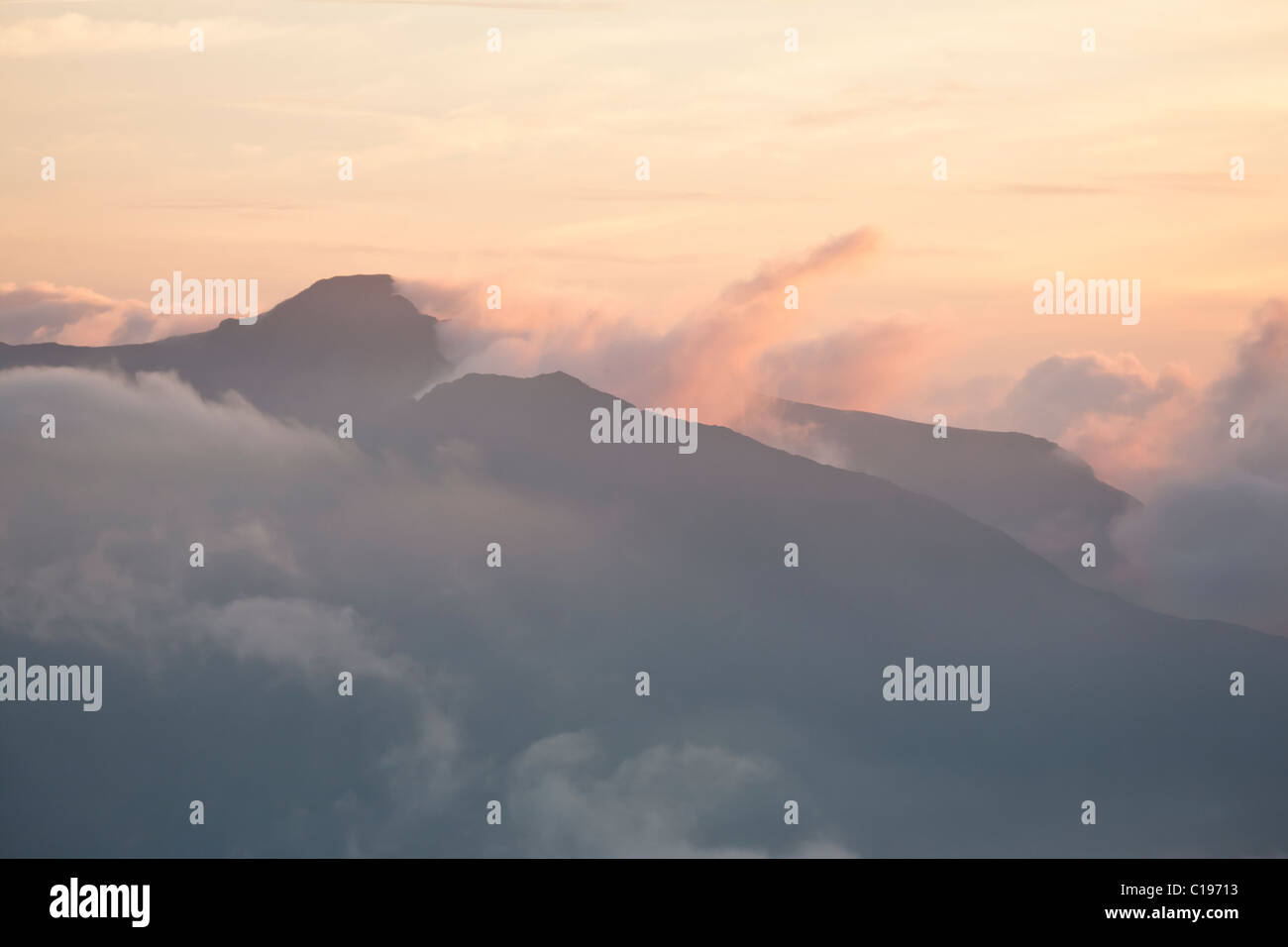 Crib Goch surrounded by low level clouds. Viewed from the summit of ...