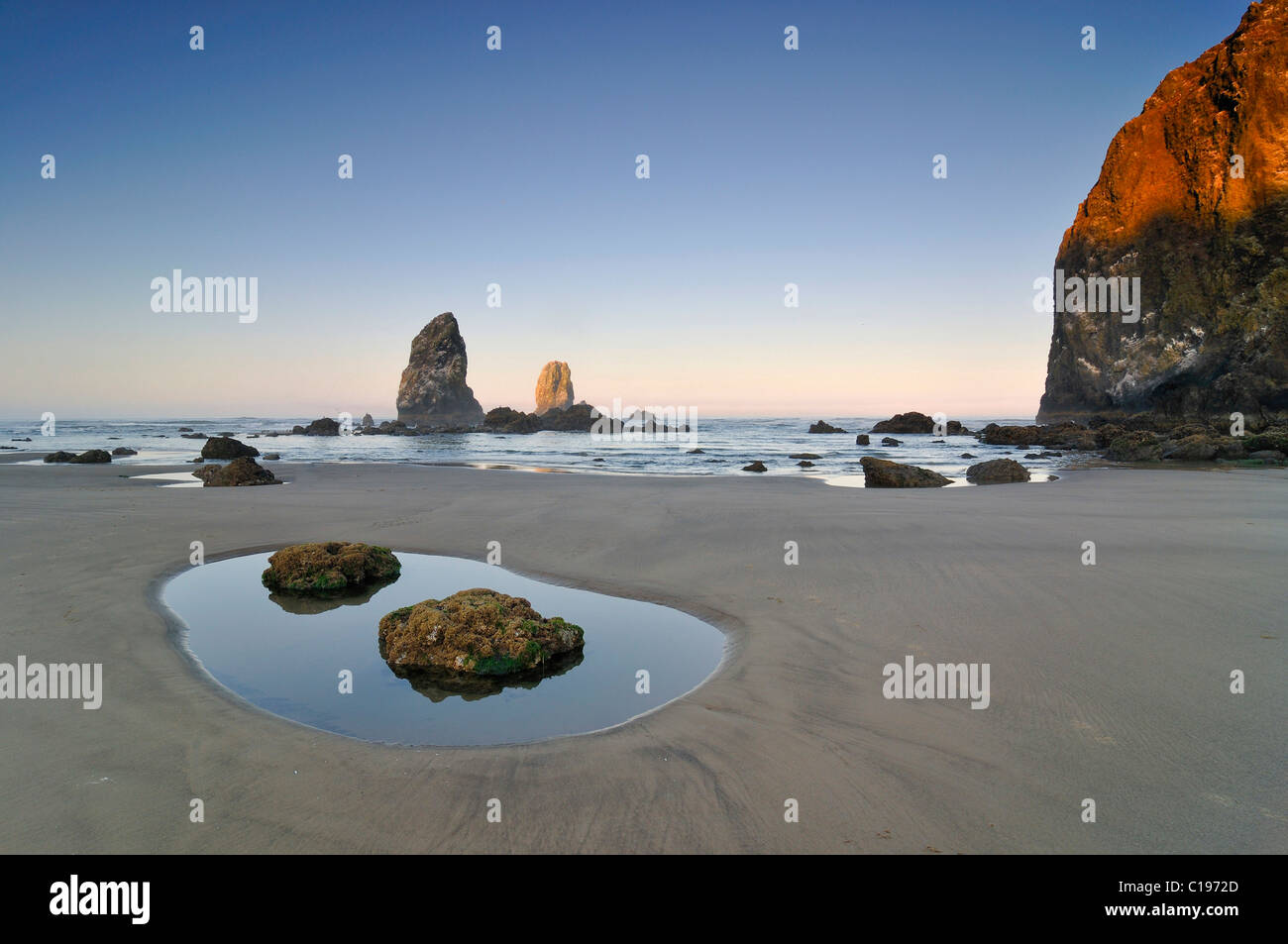 Famous "Haystack Rock" monolith, solidified lava rock at Cannon Beach ...