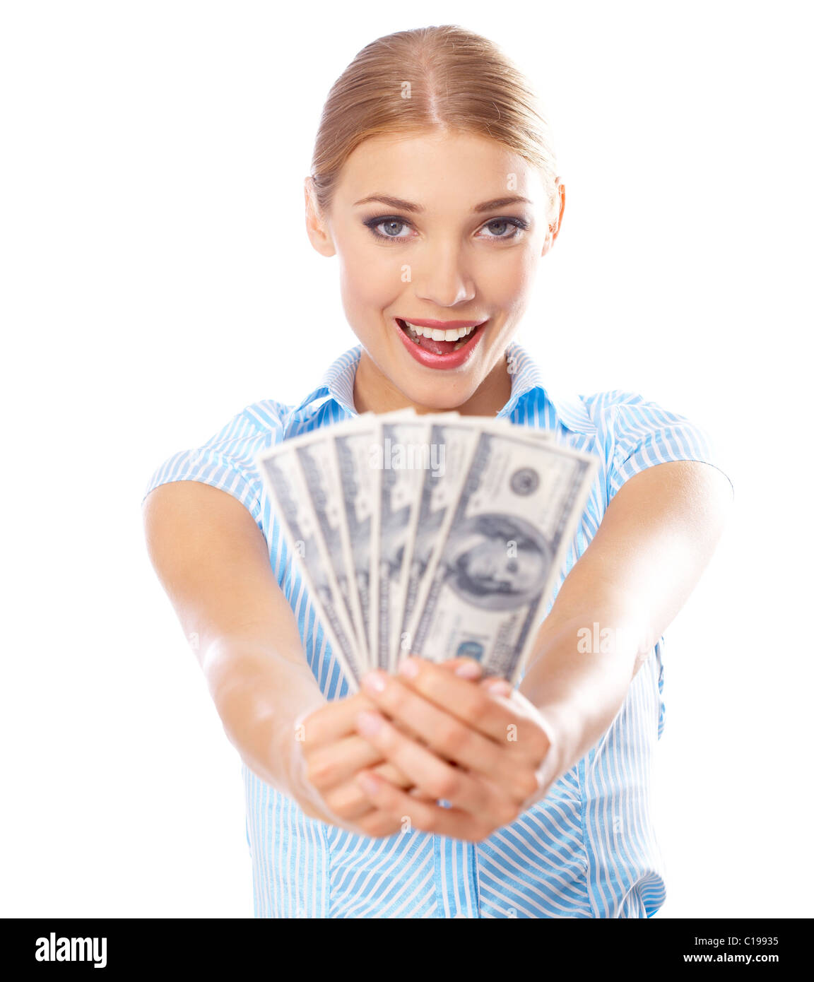 Portrait of Beautiful business woman with dollar banknote Stock Photo ...