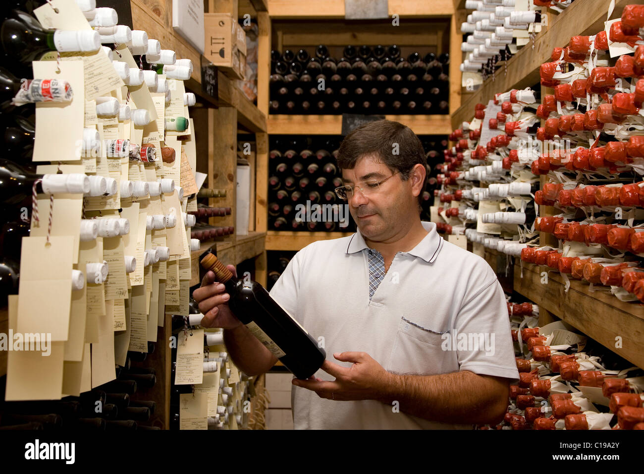 Oenologist, Oscar Gato, in the bodega, wine cellar, where all of the ...