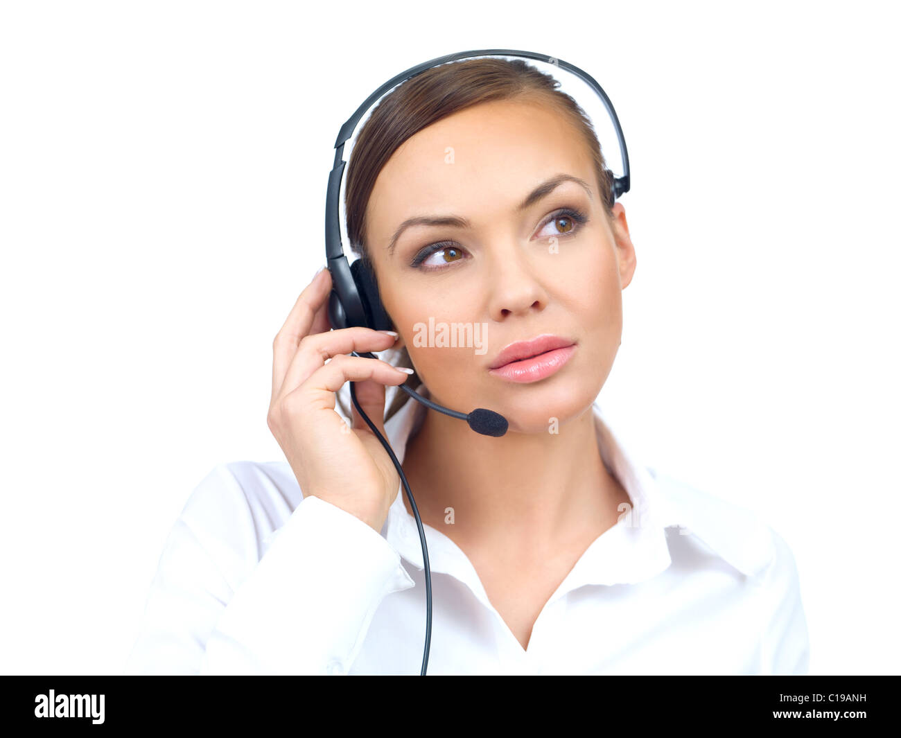 Beautiful girl is using headset, isolated on white Stock Photo - Alamy