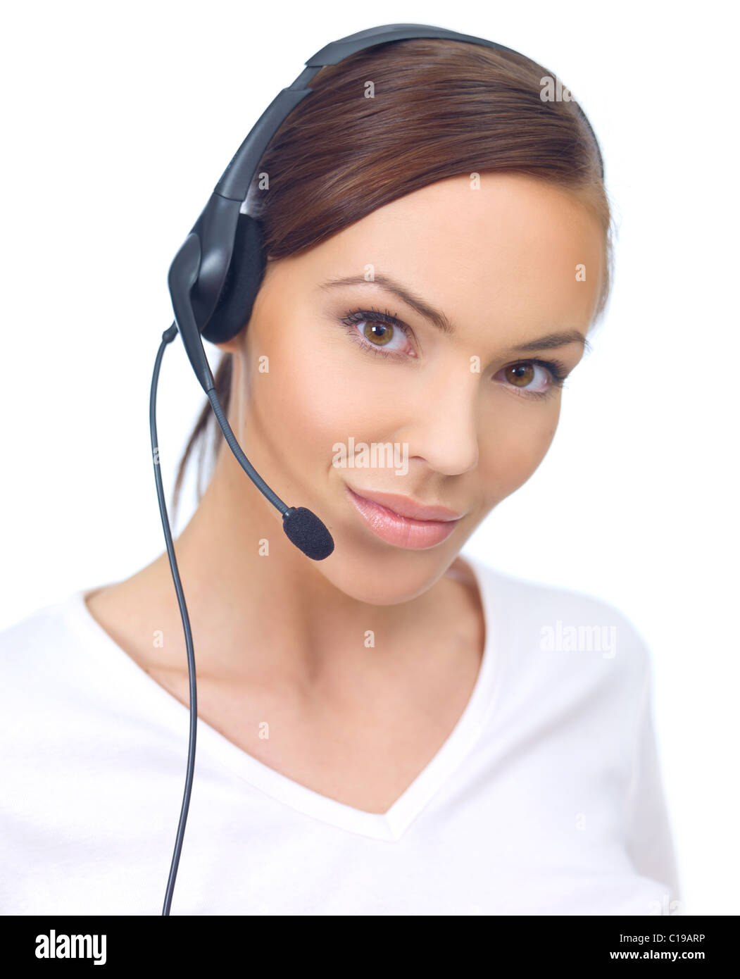 Beautiful girl is using headset, isolated on white Stock Photo - Alamy