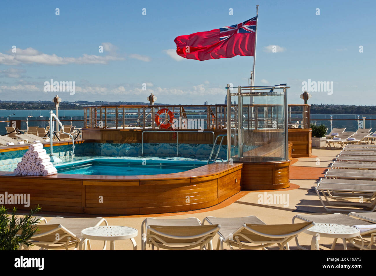 One of the swimming pools onboard the luxury 90,900-tonne Queen ...