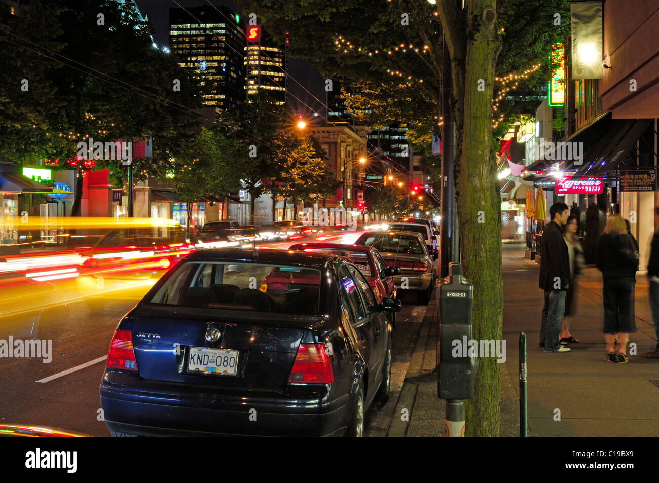 Robson Street, Vancouvers entertainment district at night, Vancouver ...