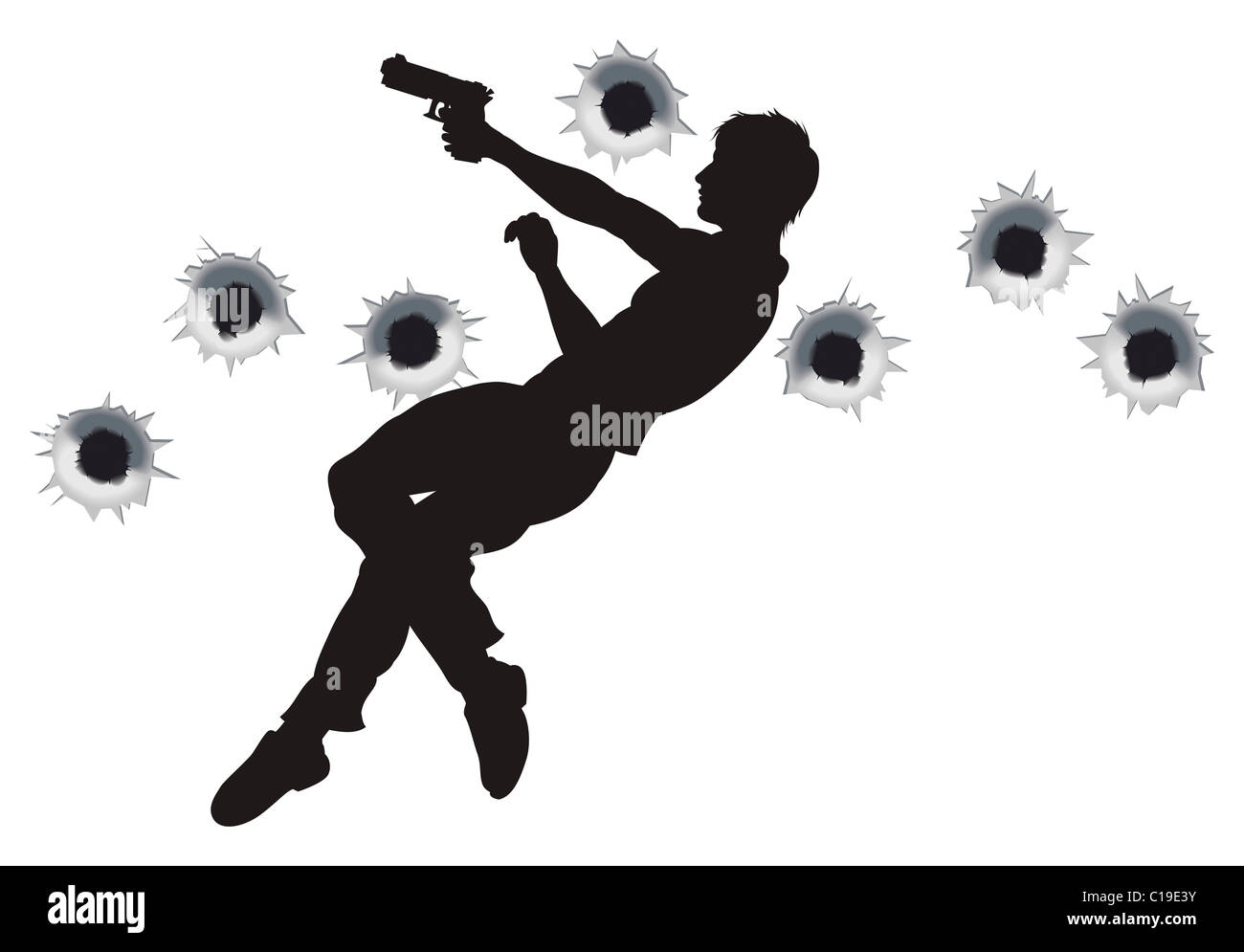 Action hero leaping through the air and shooting in film style gun ...