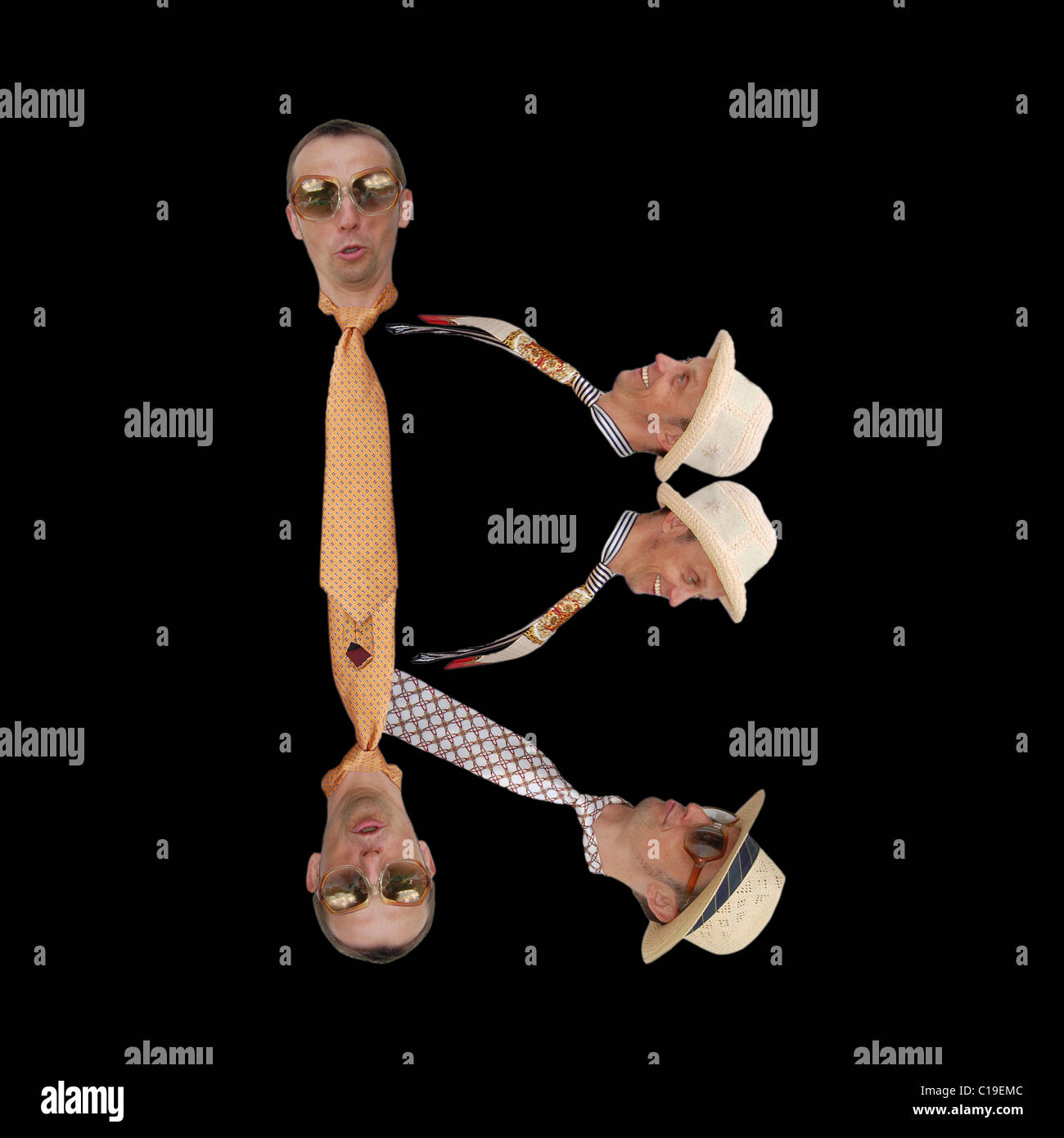 Fashionable letter R of neckties, hats and men on a black background ...