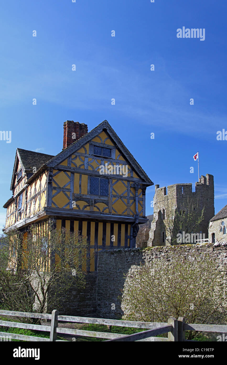 The colorful half-timbered gatehouse at the entrance to Stokesay Castle ...