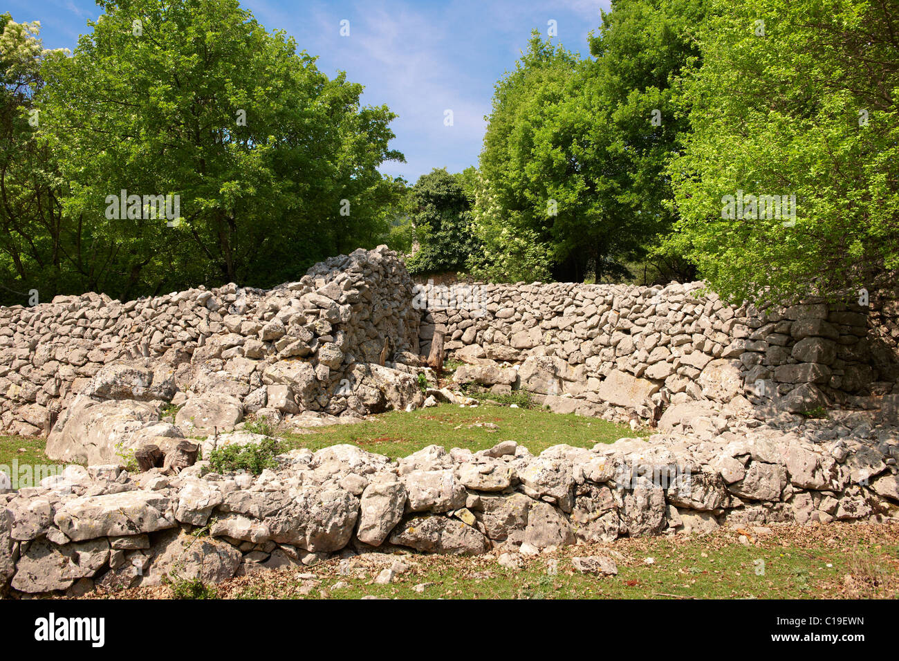 Ruins of an ancient village in the protected sub- Mediterranean broad ...