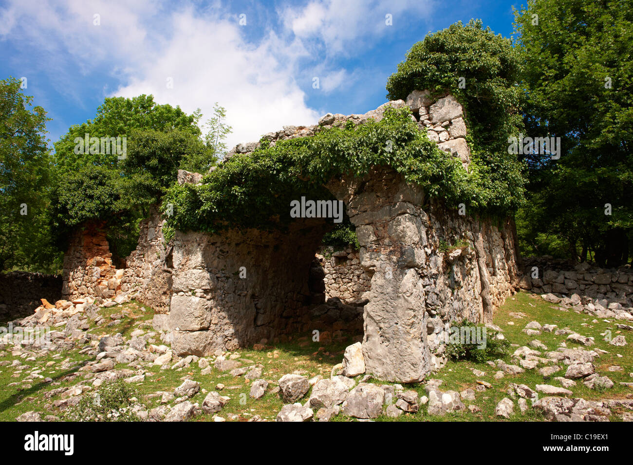Ruins of an ancient village in the protected sub- Mediterranean broad ...