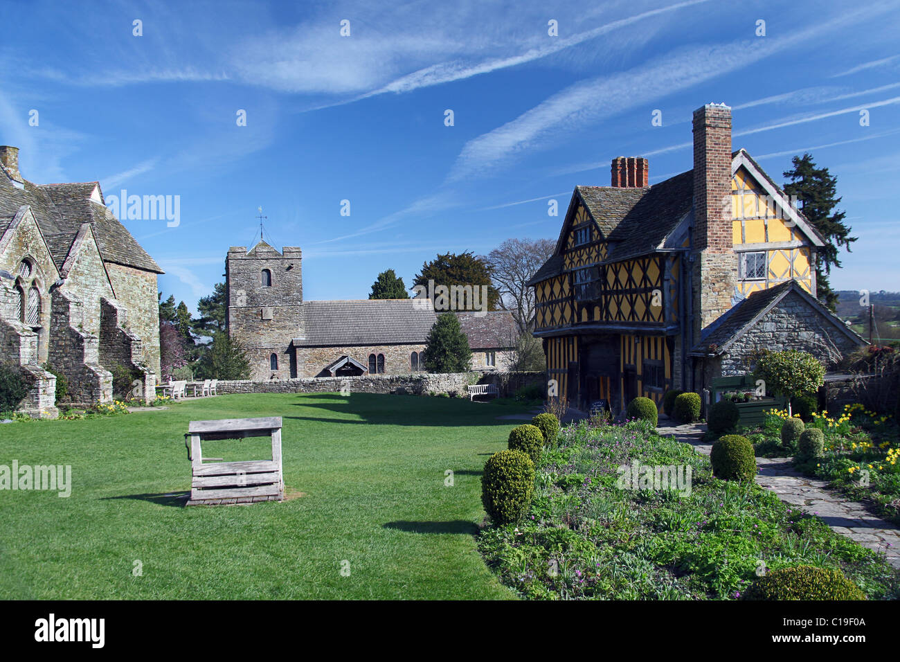 The colorful half-timbered gatehouse at the entrance to Stokesay Castle ...