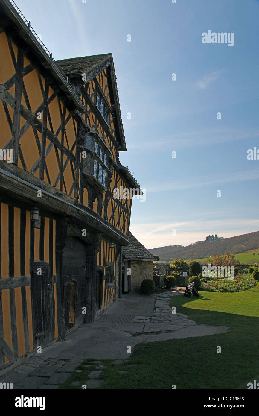 The colorful half-timbered gatehouse at the entrance to Stokesay Castle ...
