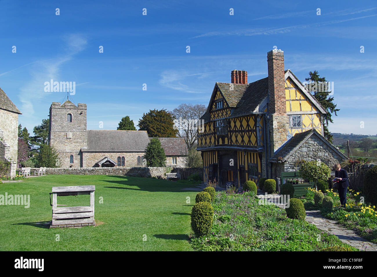 The colorful half-timbered gatehouse at the entrance to Stokesay Castle ...