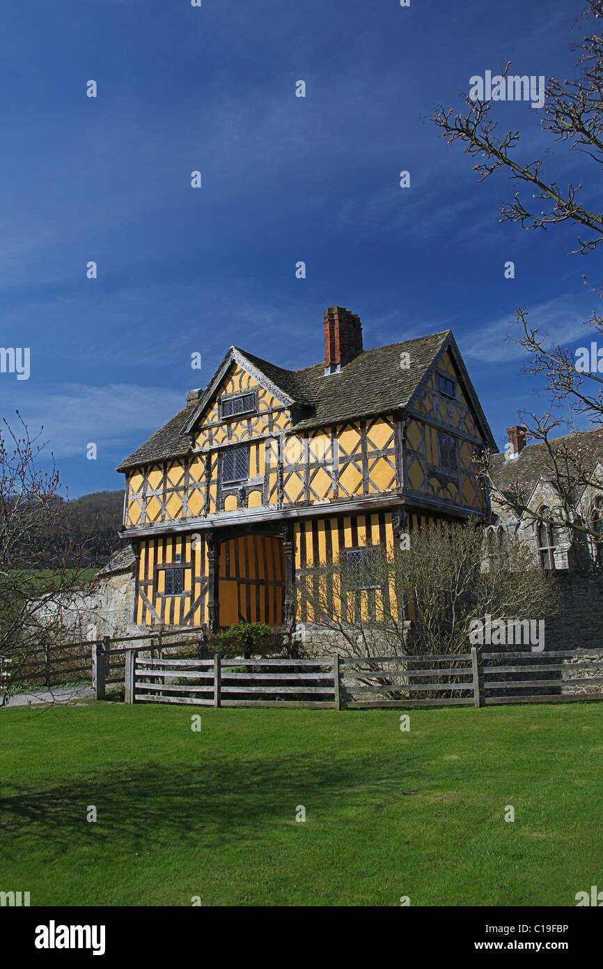 The colorful half-timbered gatehouse at the entrance to Stokesay Castle ...