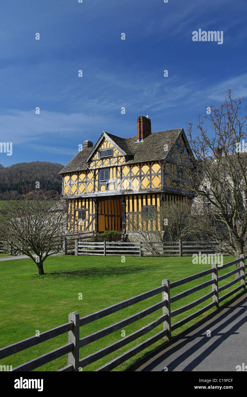 The colorful half-timbered gatehouse at the entrance to Stokesay Castle ...