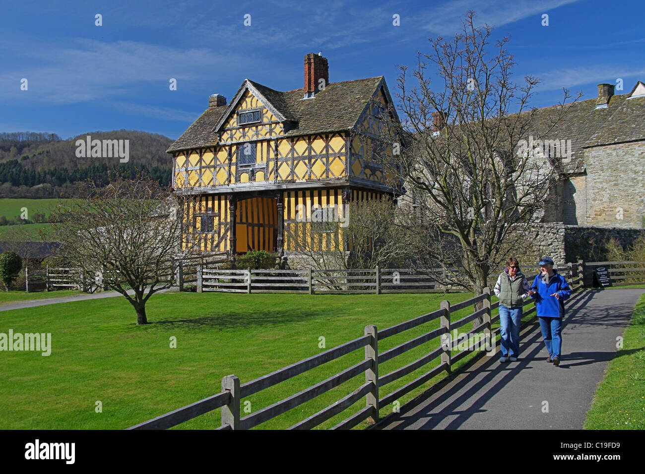 The colorful half-timbered gatehouse at the entrance to Stokesay Castle ...