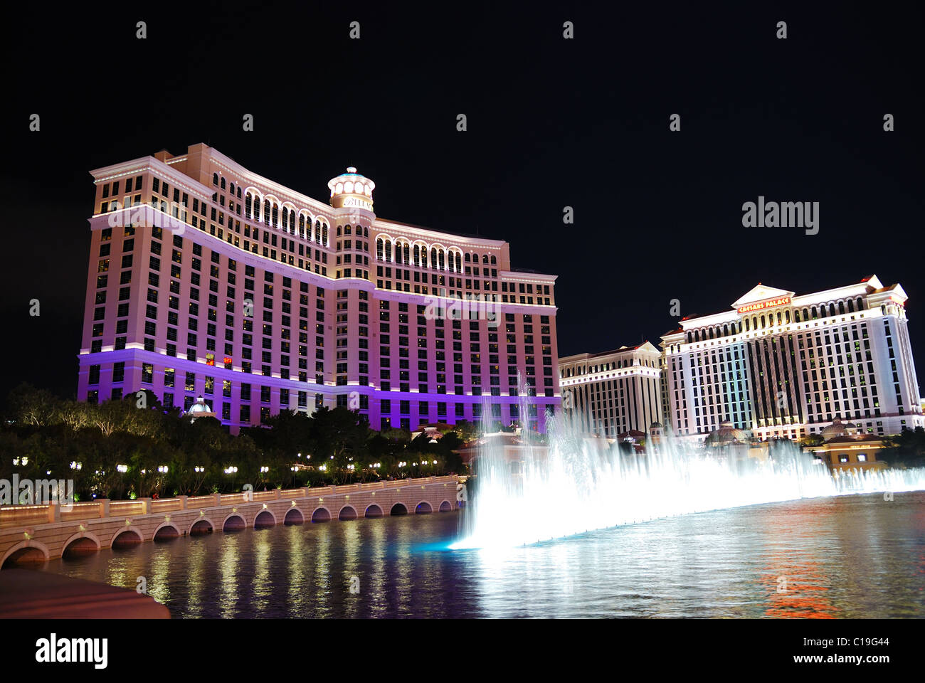 Las Vegas, Nevada, Bellagio fountain show with colorful lights Stock ...