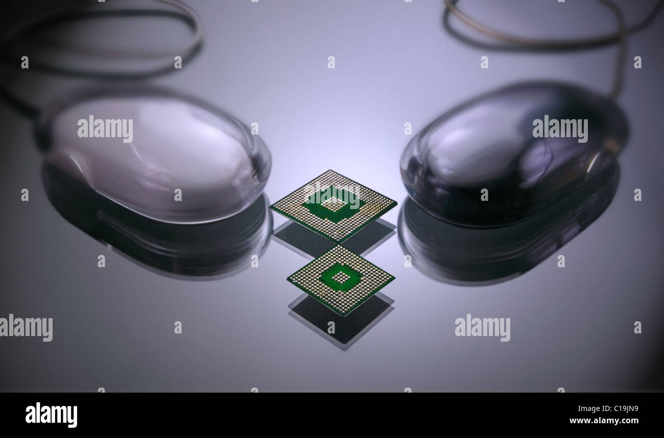 on reflecting surface, two computer mice in front of two computer chips ...