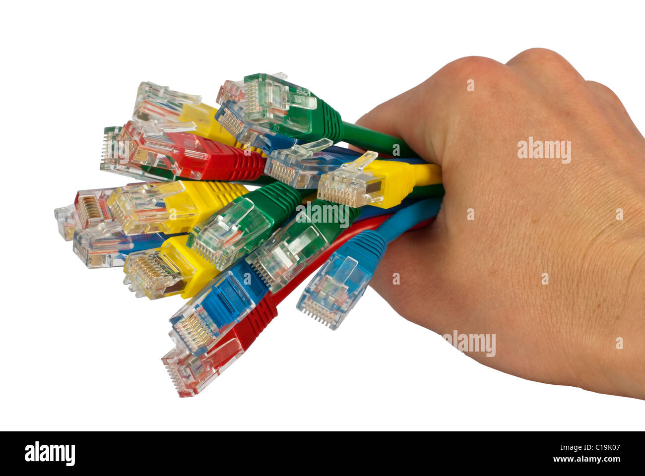 Human Hand Holding Bunch of Colored Network Plugs and Cables Isolated ...