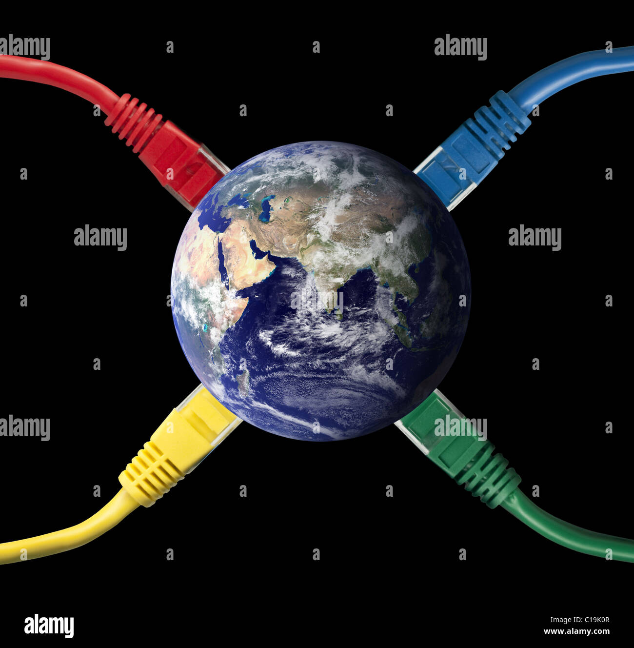 Colored network cables attached to the earth sphere isolated on black ...