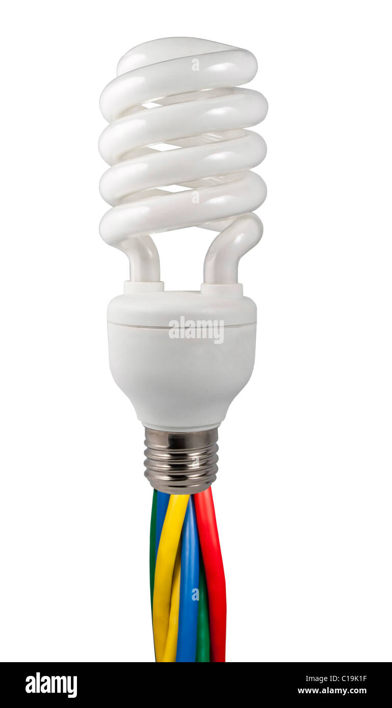 Colored cables attached to a fluorescent light bulb isolated on white ...