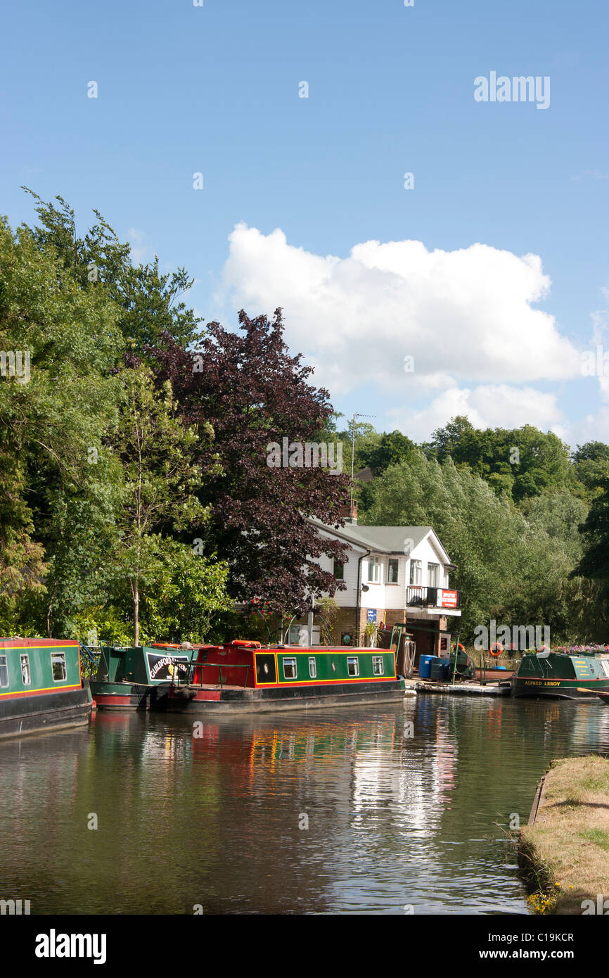 Narrow boats near boathouse on the River Wey, Guildford, Surrey Stock ...