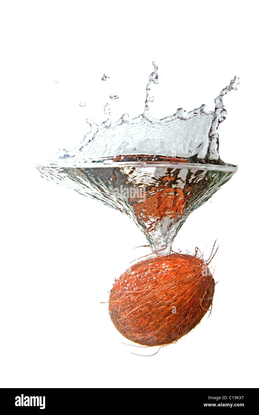 Coconut in water splash isolated on white background Stock Photo - Alamy