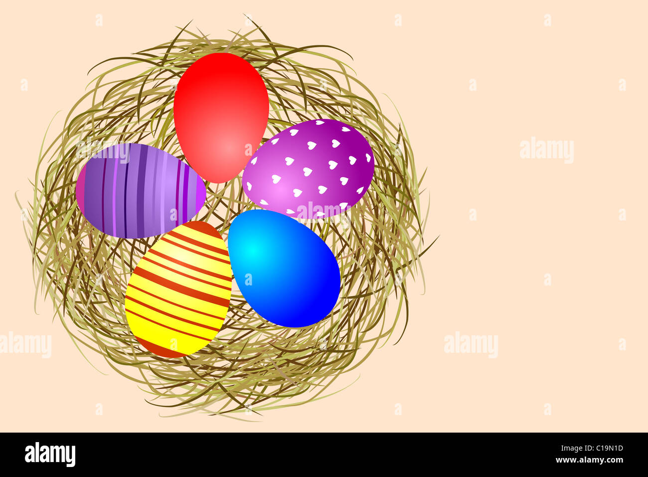 Illustration of a nest with five Easter eggs Stock Photo - Alamy