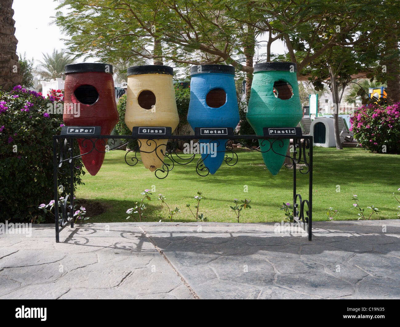 colourful pottery waste bins at hotel in Sharm el Sheikh, Egypt Stock ...