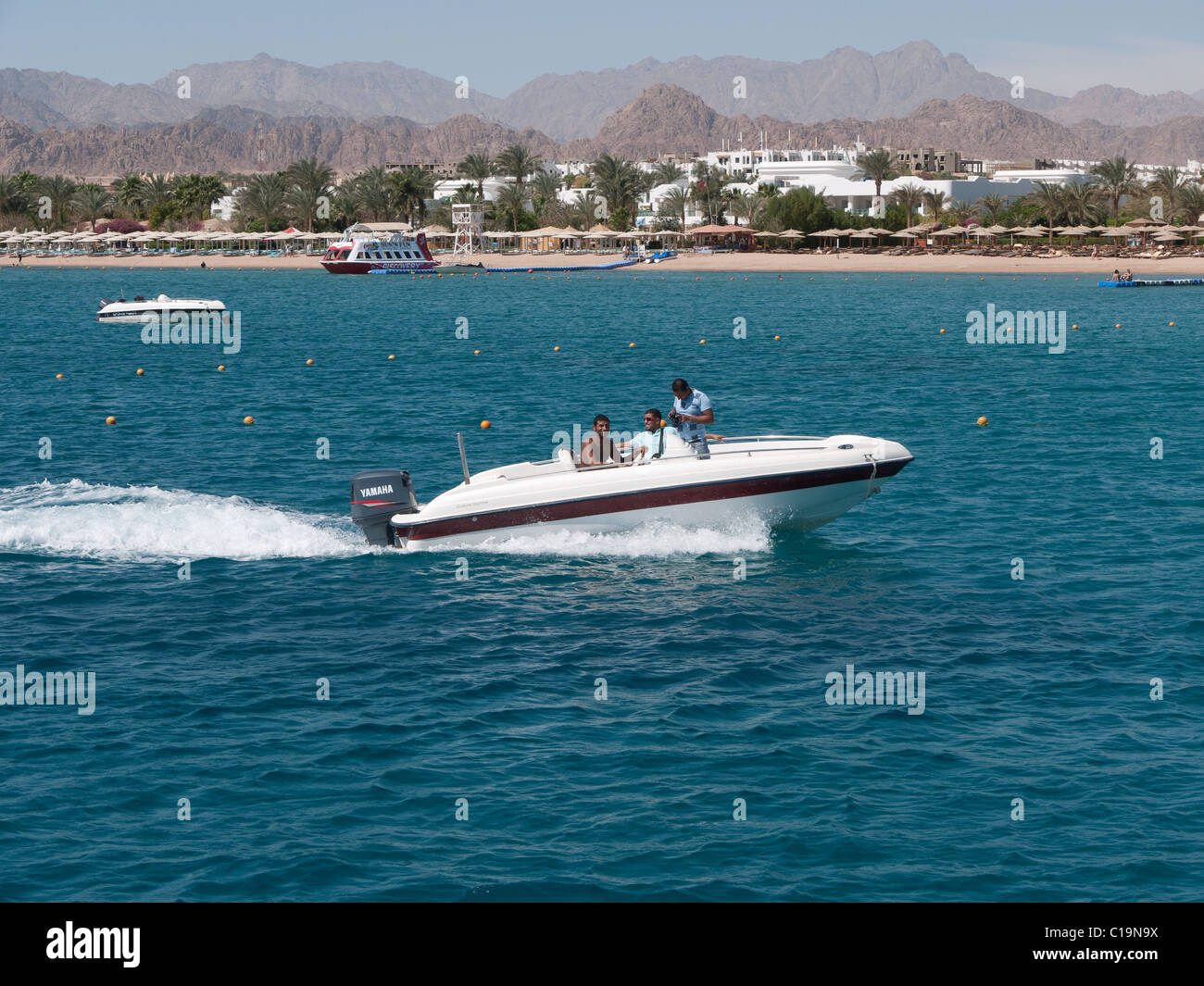 young men in a speed boat off the coast of Sharm el Sheikh, Egypt Stock ...