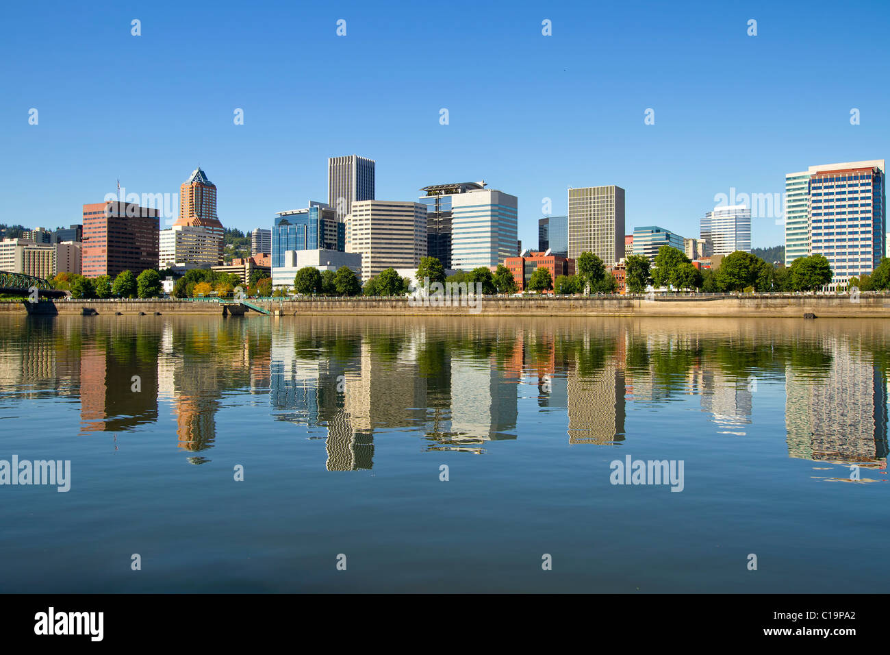 Portland Oregon Downtown Skyline by Willamette River Reflection Stock ...