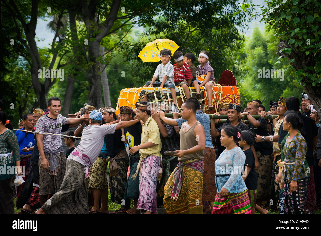 A Balinese Hindu cremation ceremony taking place in the village of ...