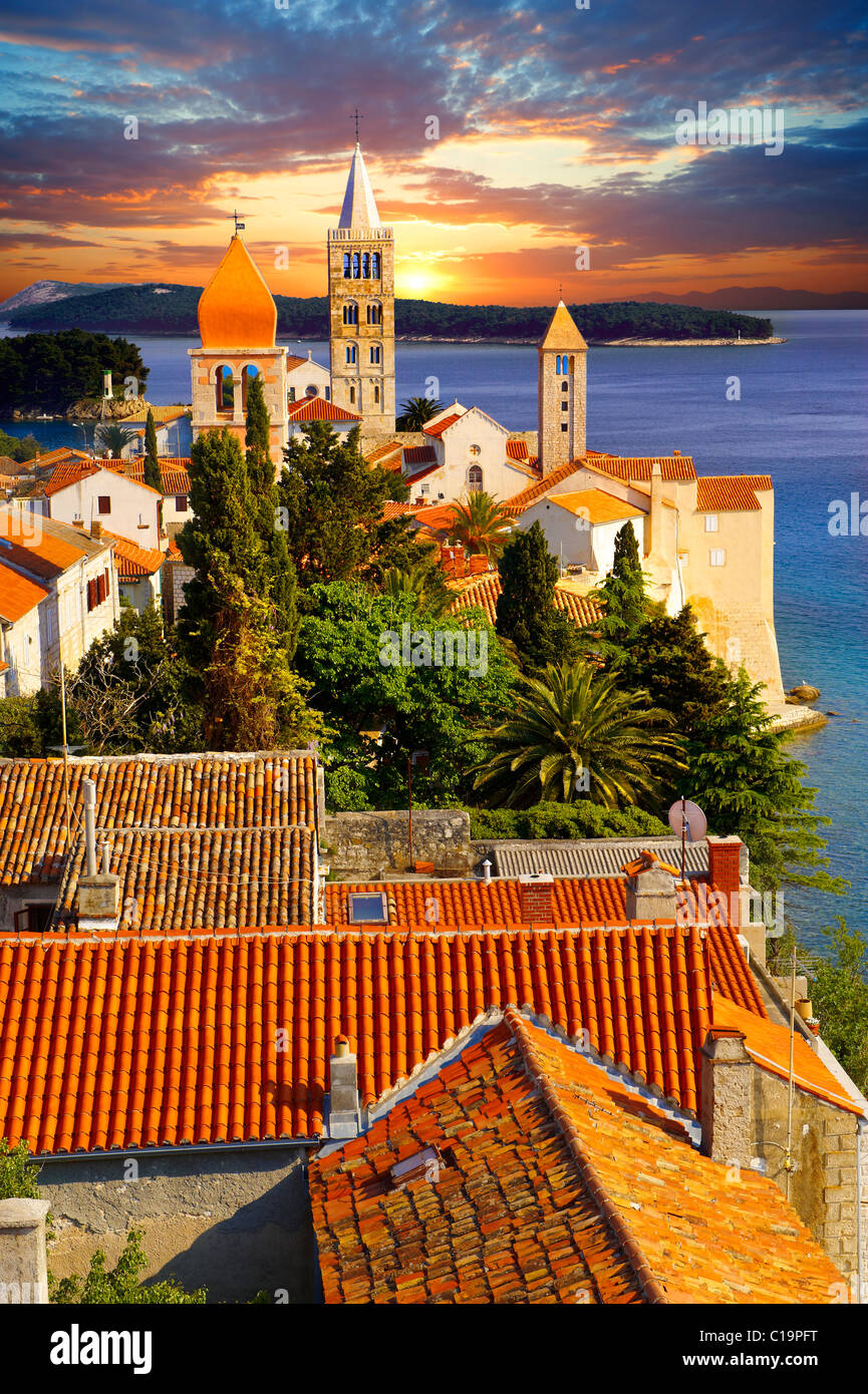 View from St John Church tower over the medieval roof tops of Rab town ...