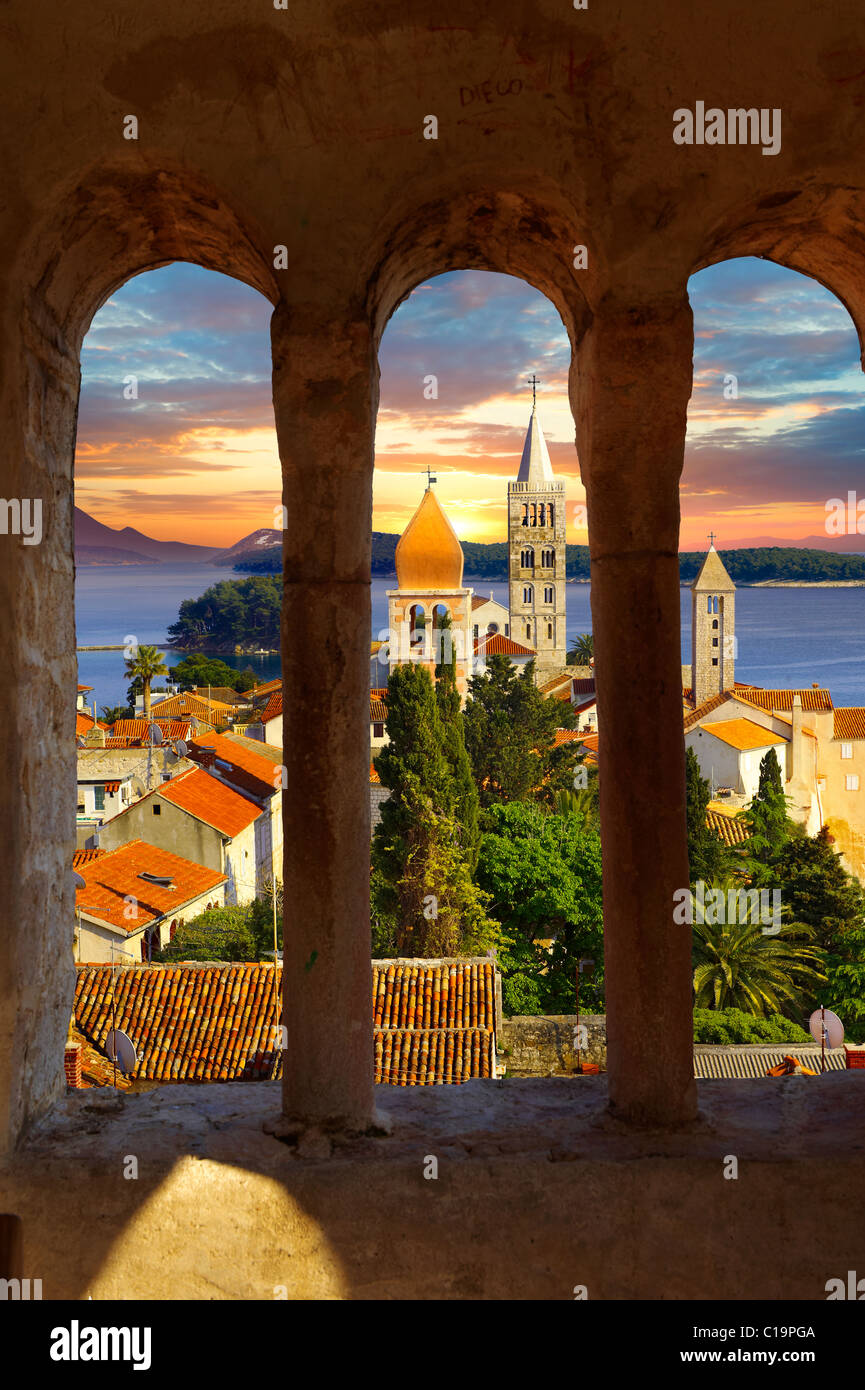View from St John Church tower over the medieval roof tops of Rab town ...