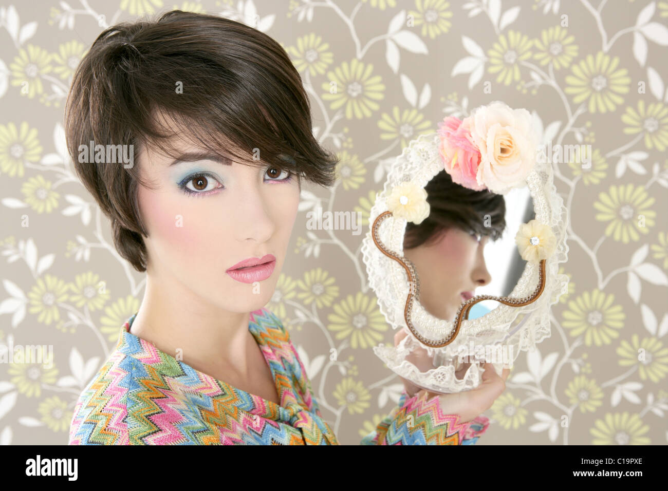 retro woman mirror fashion portrait tacky vintage wallpaper Stock Photo ...