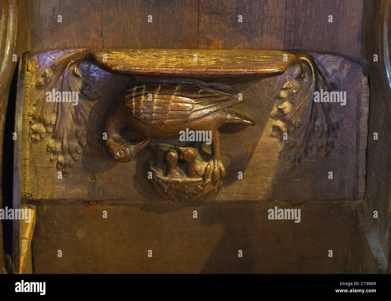 A Pelican in her piety decorating a Misericord in Lavenham Church ...