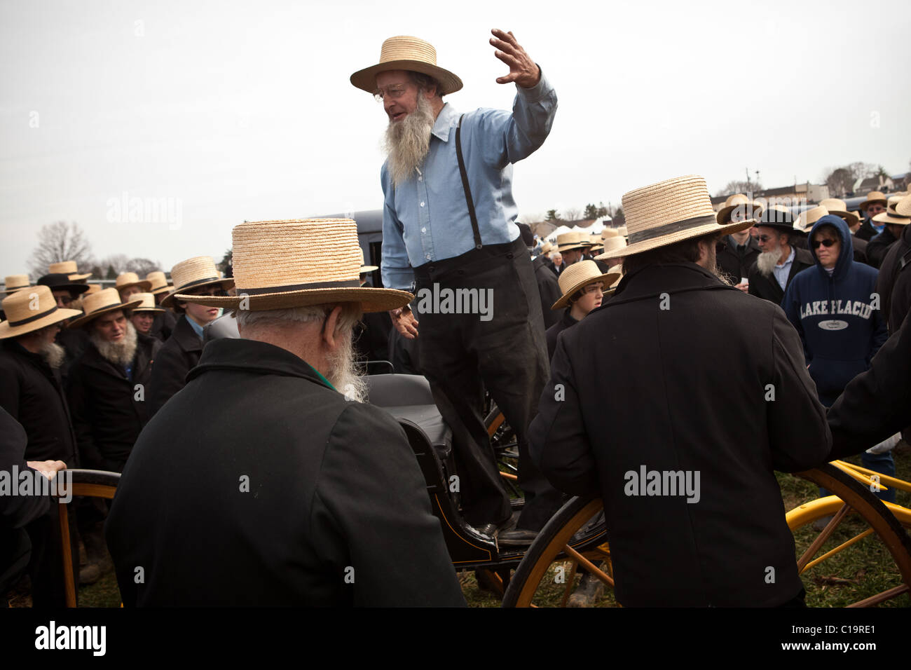 Amish men bid on horse buggies during the Annual Mud Sale to support ...