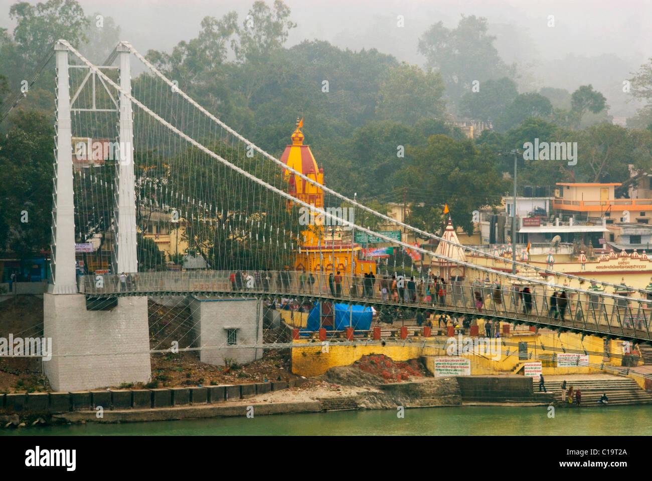 Suspension bridge across a river, Lakshman Jhula, Rishikesh ...