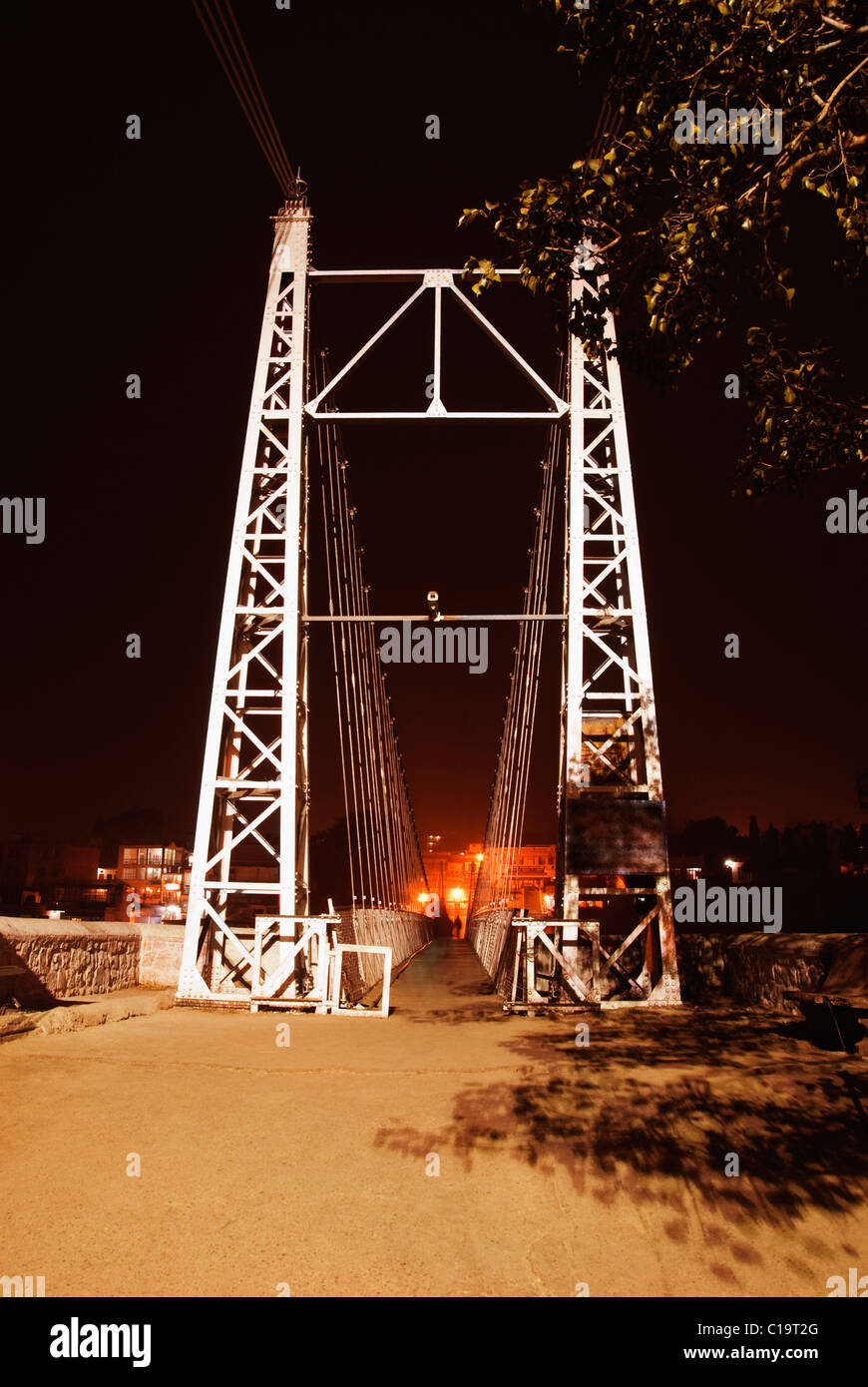 Suspension bridge at night, Lakshman Jhula, Ganges River, Rishikesh ...