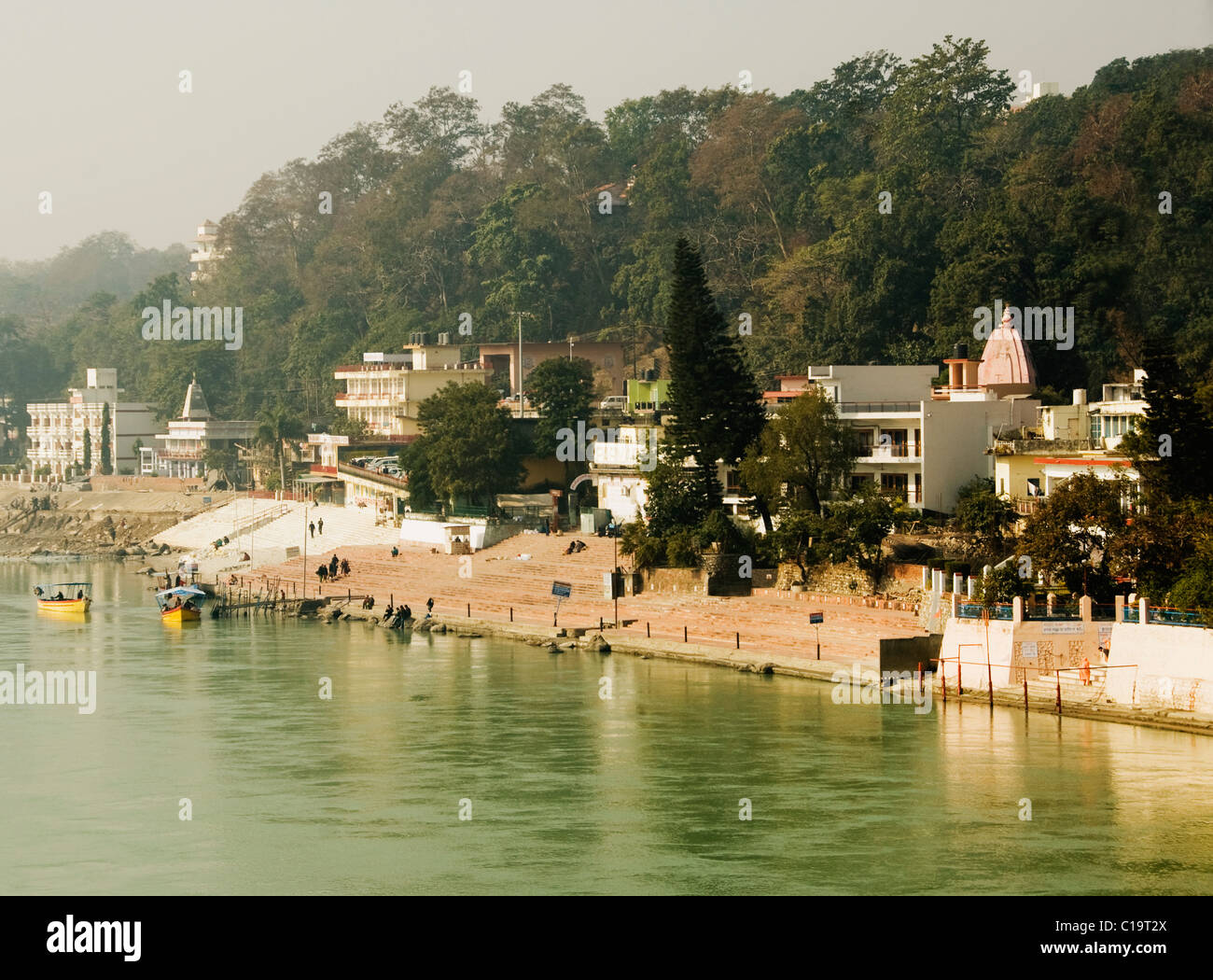 Buildings and temples at the waterfront, Ganges River, Rishikesh ...