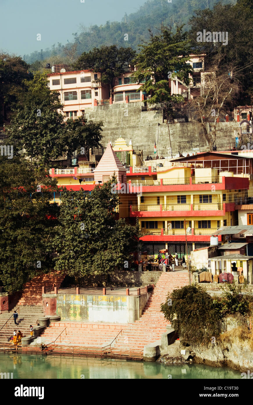 Buildings and temples at the waterfront, Ganges River, Rishikesh ...