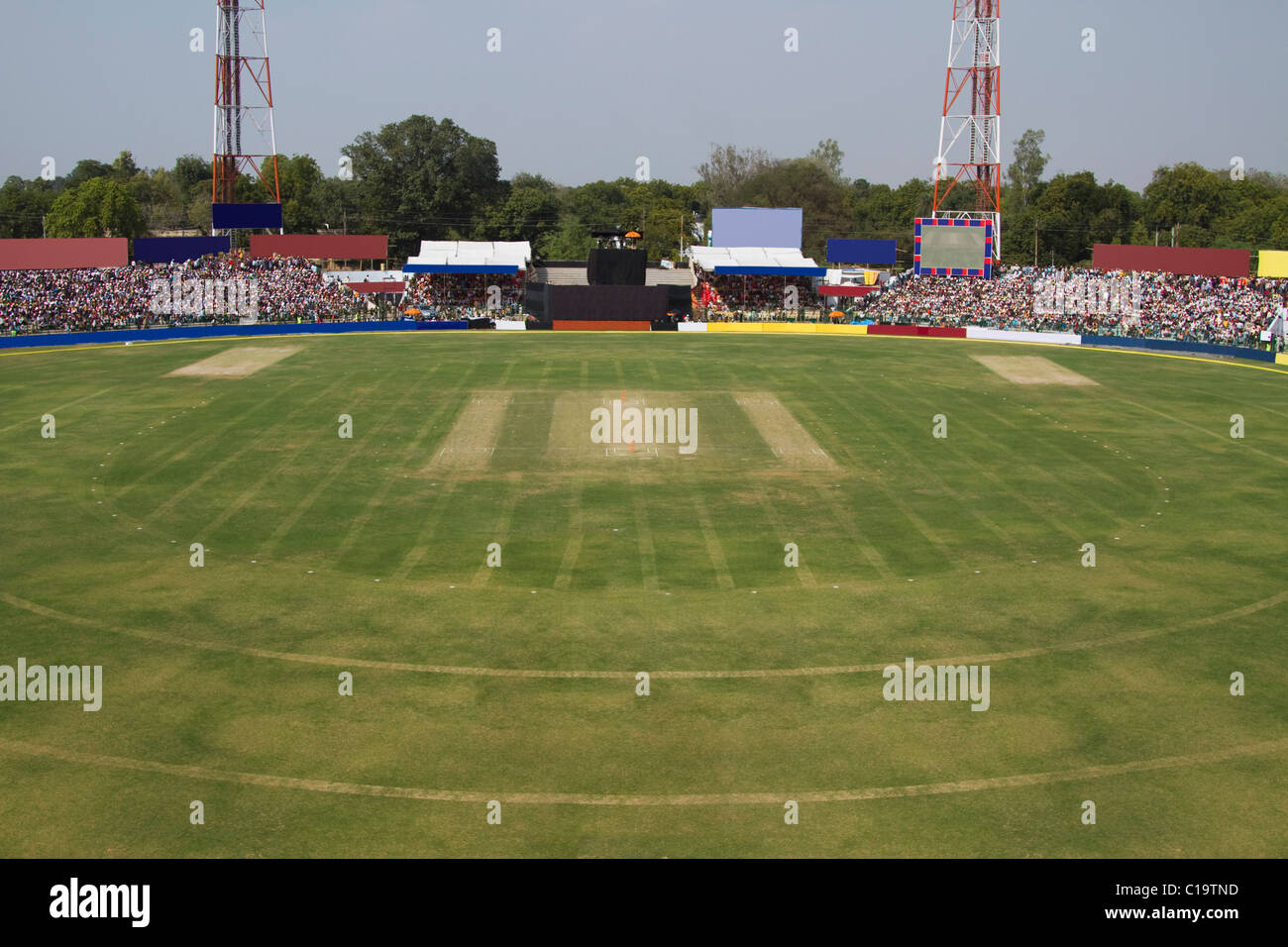 High angle view of a cricket field, Captain Roop Singh Stadium, Gwalior ...