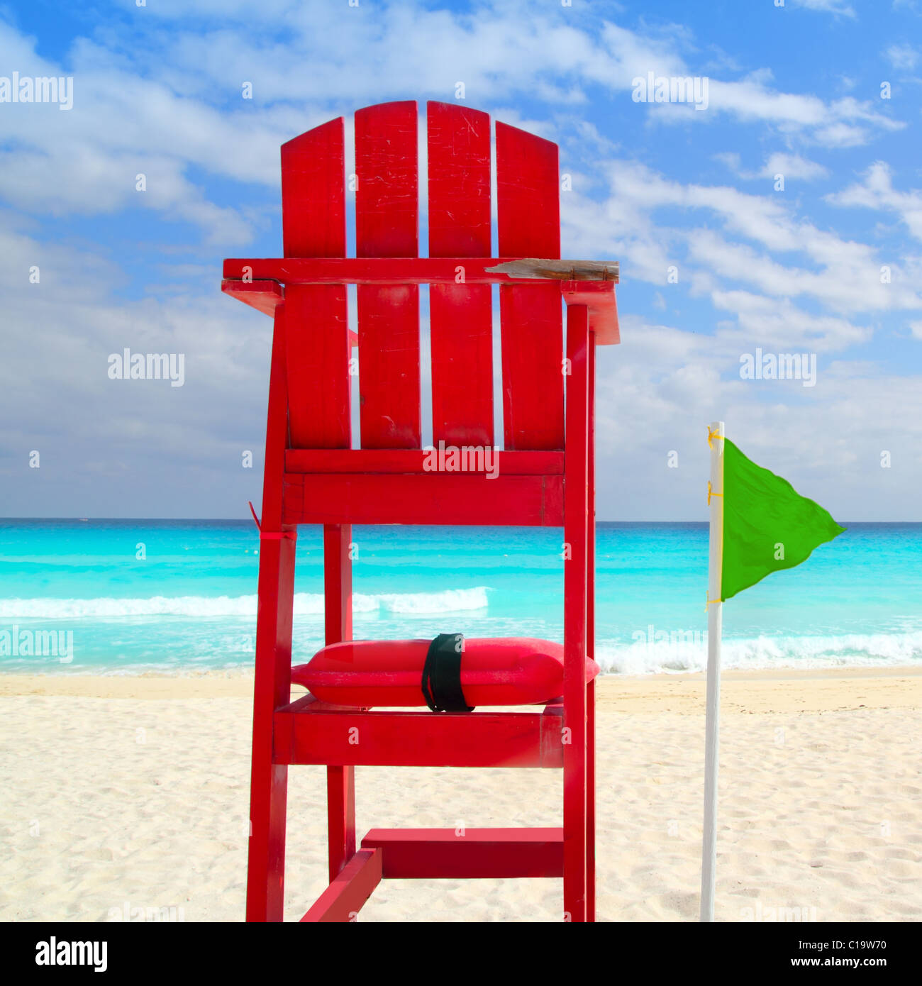Baywatch red beach seat green wind flag in tropical caribbean sea Stock ...
