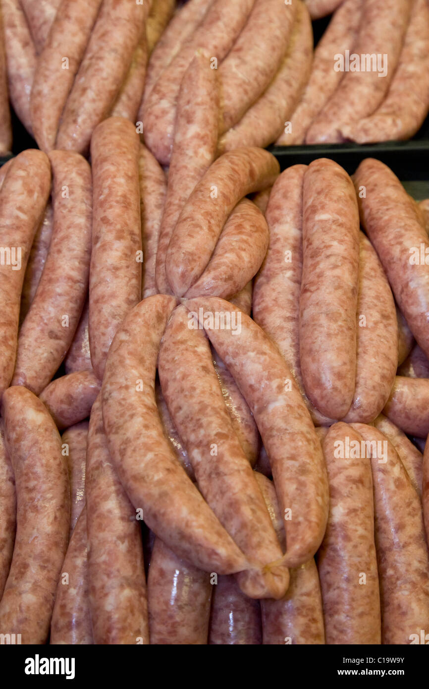 Sausage on display in a butchers shop Stock Photo - Alamy