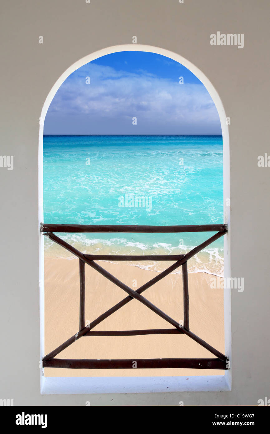 arch balcony white window tropical Caribbean beach seen through Stock ...